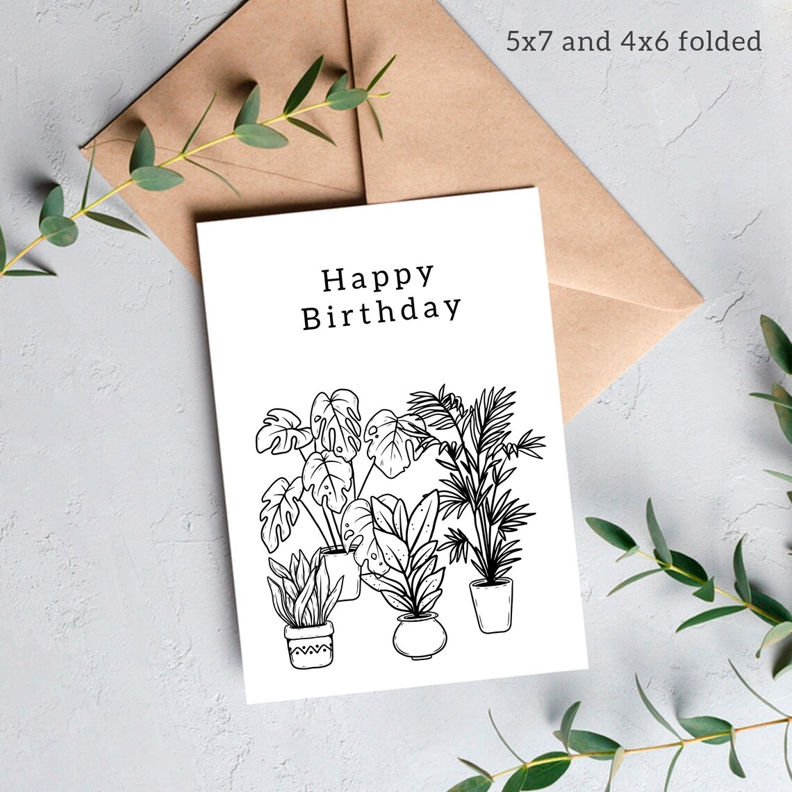 Plants Birthday Card Printable Card Digital Card for Her B/w Plant ...