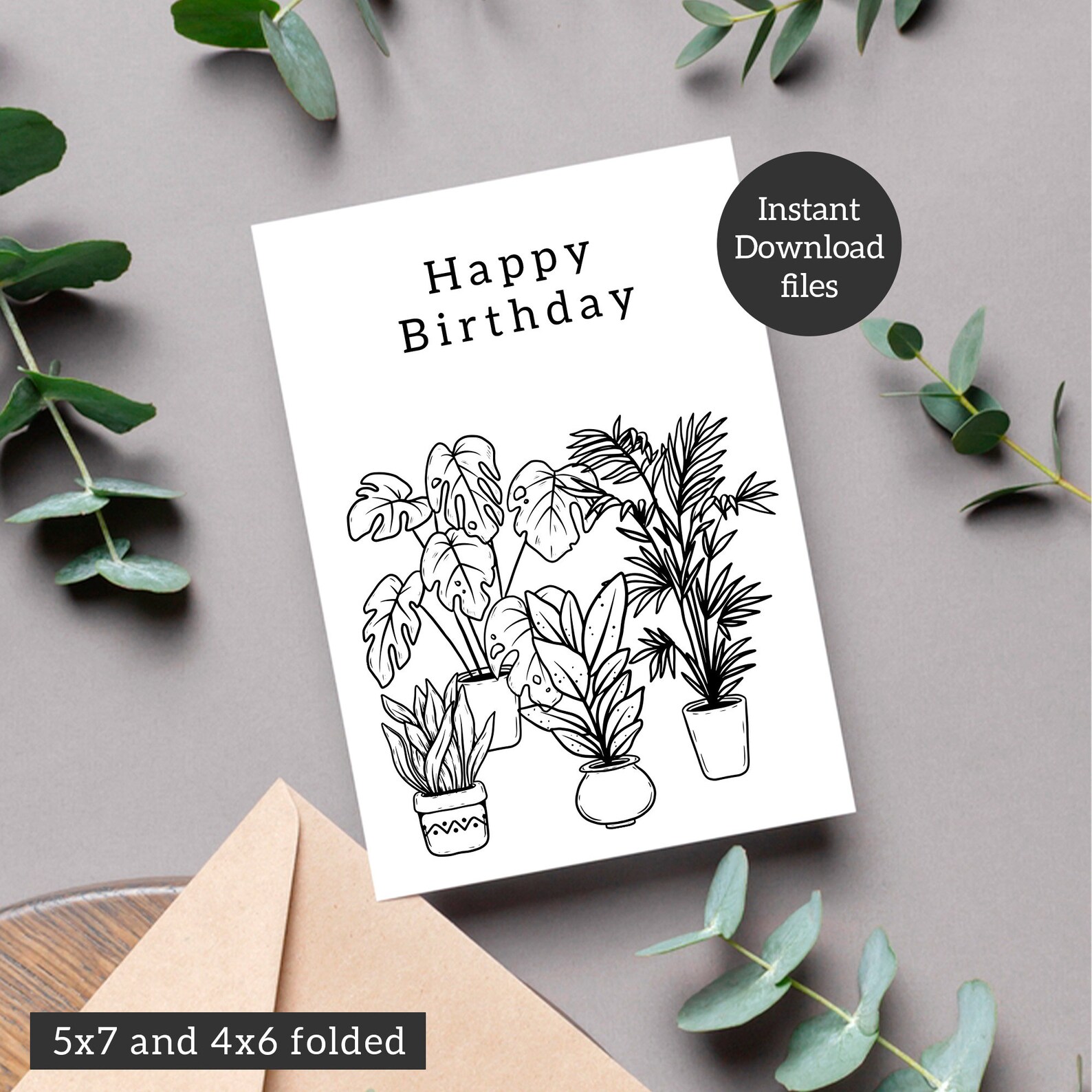 Plants Birthday Card Printable Card Digital Card for Her B/w Plant ...