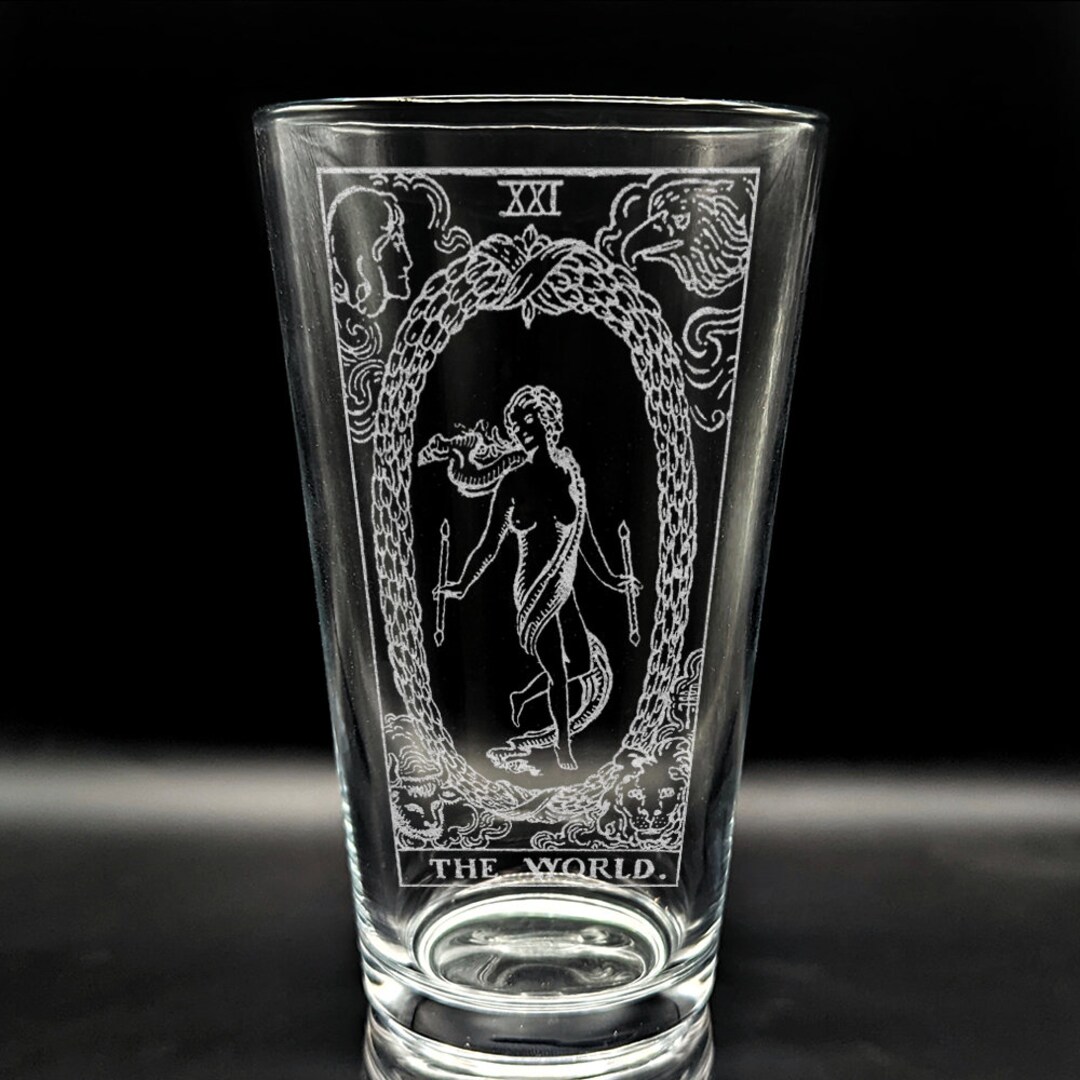 THE WORLD Rider-waite Tarot Card Engraved 16oz Pint Glass Newage ...