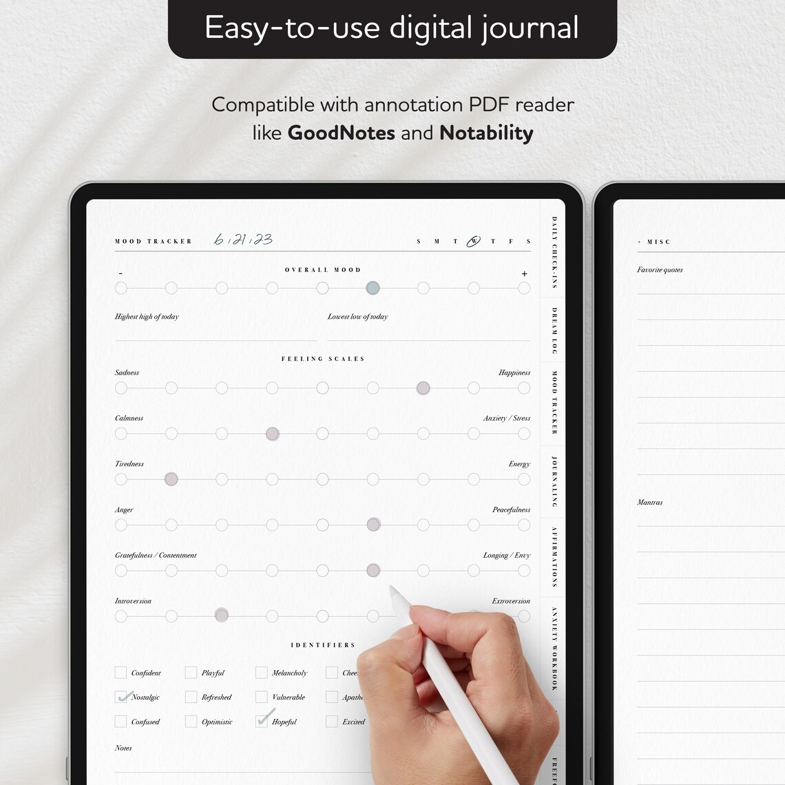 Digital Mindfulness Journal for Goodnotes on iPad Daily Check-ins, Mood ...