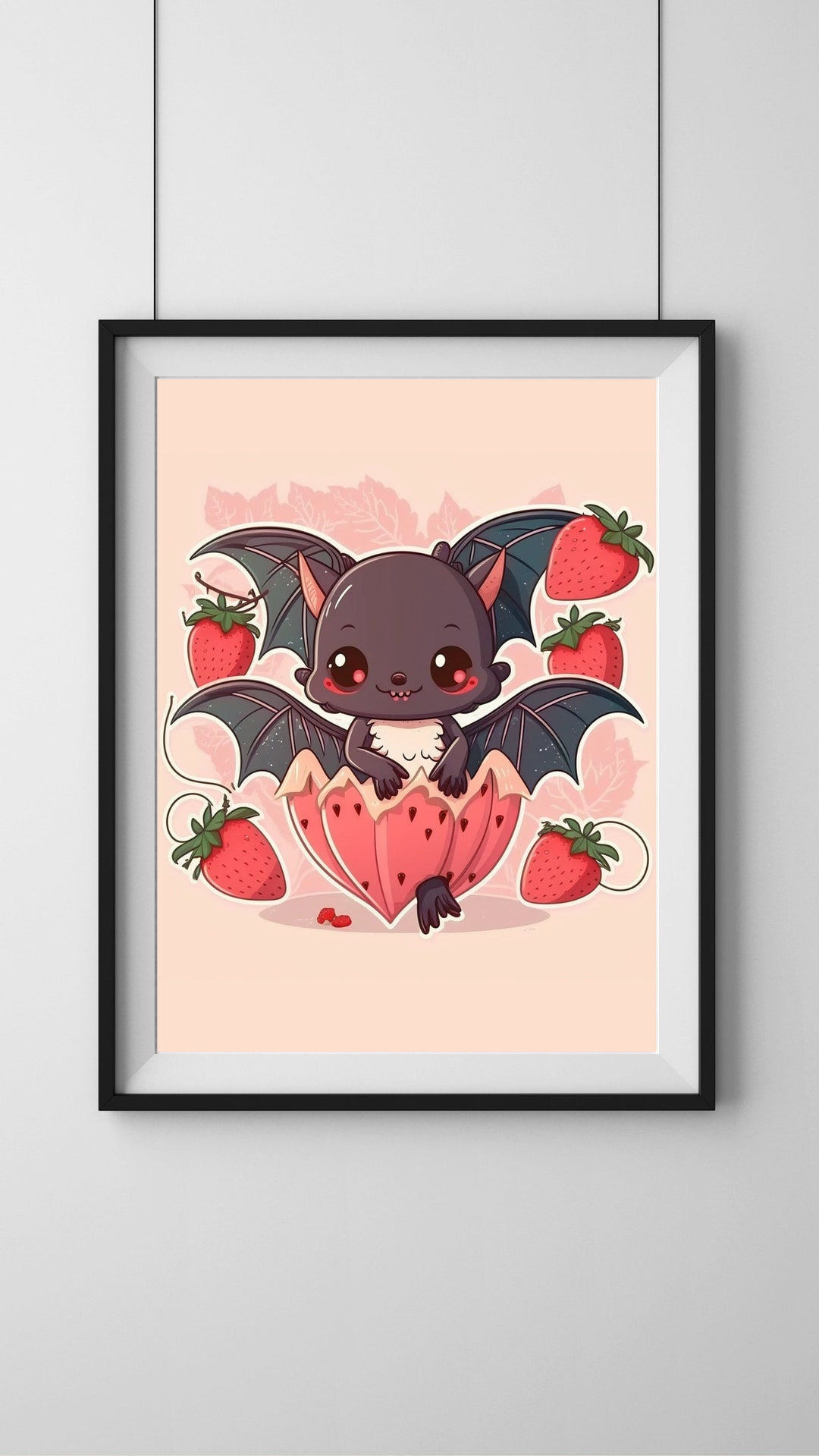 Cute Strawberry Bat Cartoon Digital Print Digital Art Bat Art Baby Bat ...