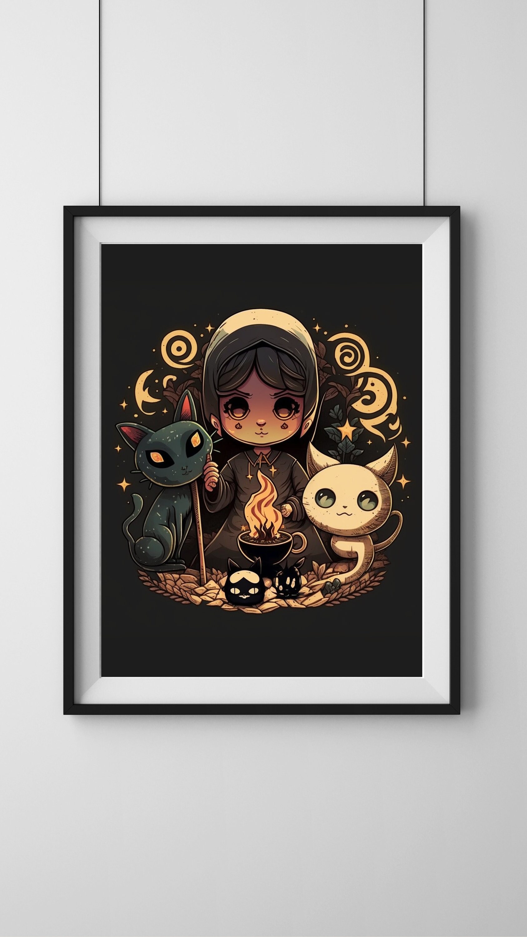 Cute Evil Occult Femme Cartoon With Cats Digital Print Digital Art ...