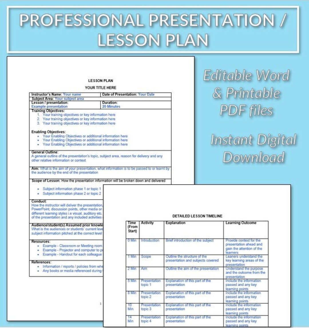 Professional Presentation / Lesson Plan Word / Pdf Instant Download - Etsy
