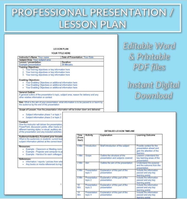 Professional Presentation / Lesson Plan Word / Pdf Instant Download - Etsy