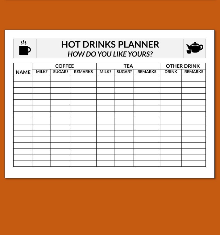 Workplace Hots Drinks Chart / Planner - Printable PDF File - Etsy