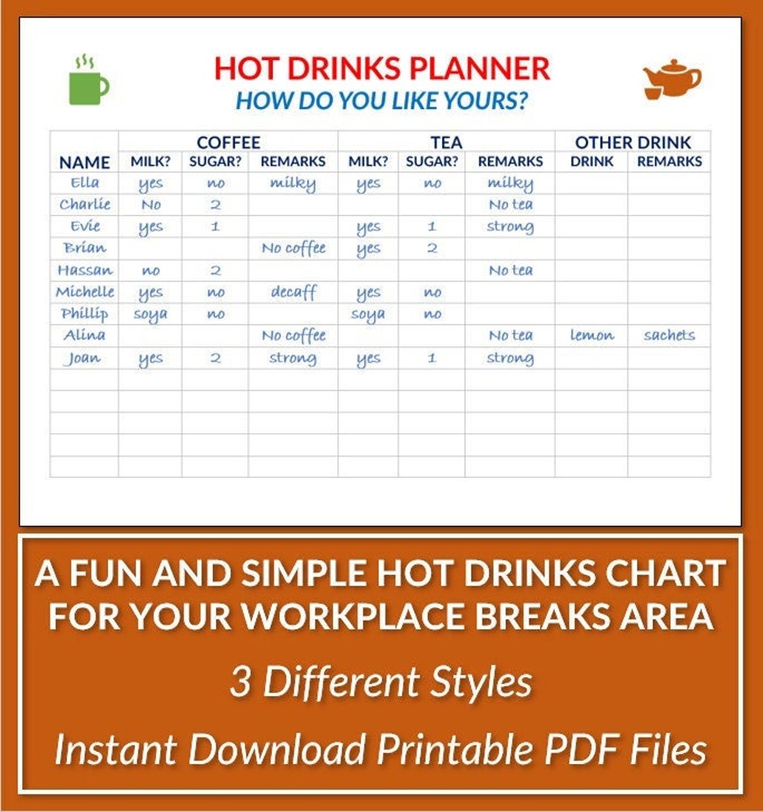 Workplace Hots Drinks Chart / Planner - Printable PDF File - Etsy