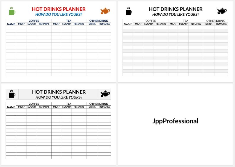 Workplace Hots Drinks Chart / Planner - Printable PDF File - Etsy