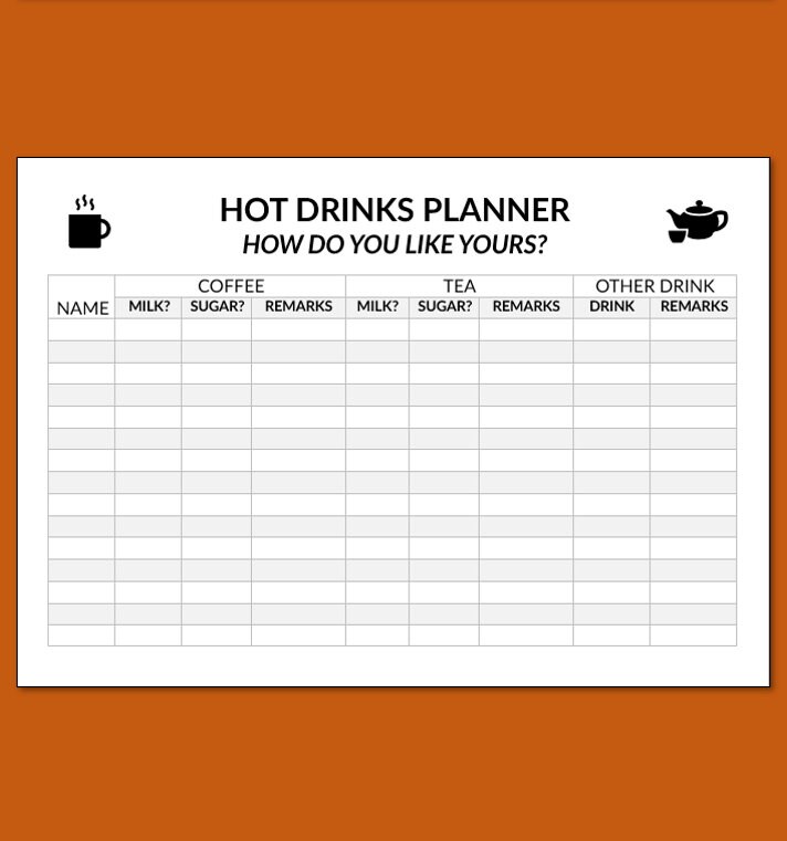 Workplace Hots Drinks Chart / Planner - Printable PDF File - Etsy