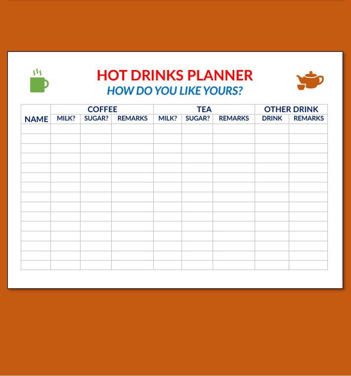 Workplace Hots Drinks Chart / Planner - Printable PDF File - Etsy