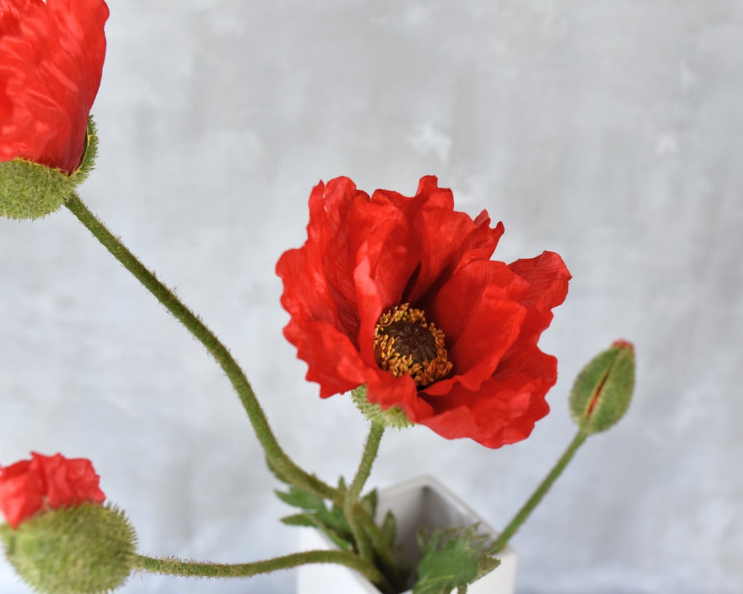 Faux Large Red Iceland Poppy Stem - Artificial Flower / Wedding ...