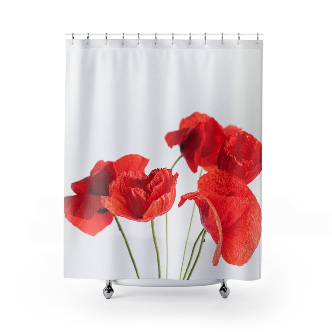 Red Poppy Flower Shower Curtain, Botanical Floral Shower Curtain ...