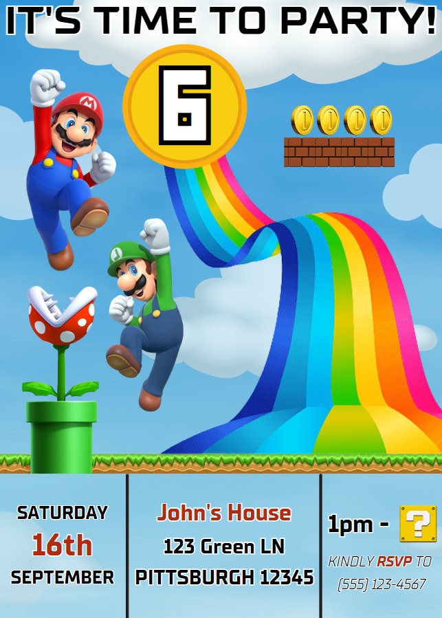 Super Mario Birthday Party Mario Bros Birthday Invite - Etsy