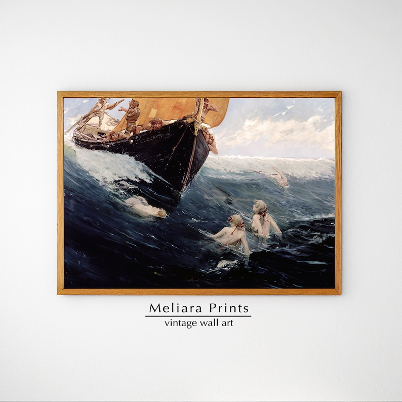 Vintage "the Mermaid's Rock" Print I Sirens Surround Sailing Ship at ...