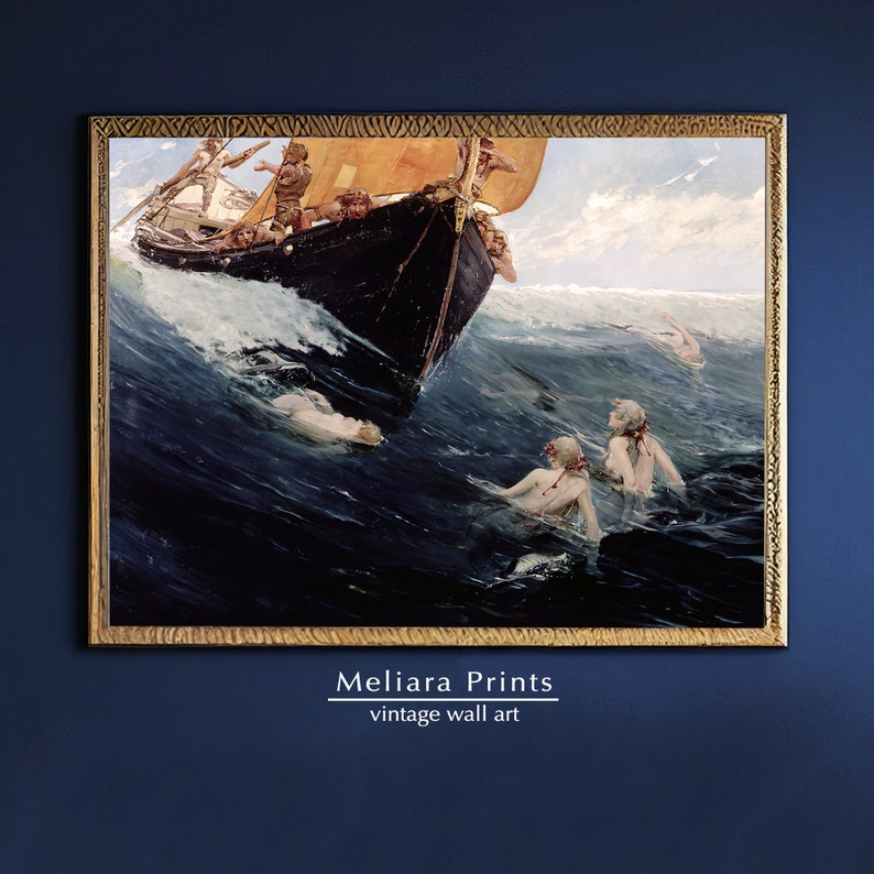 Vintage "the Mermaid's Rock" Print I Sirens Surround Sailing Ship at ...