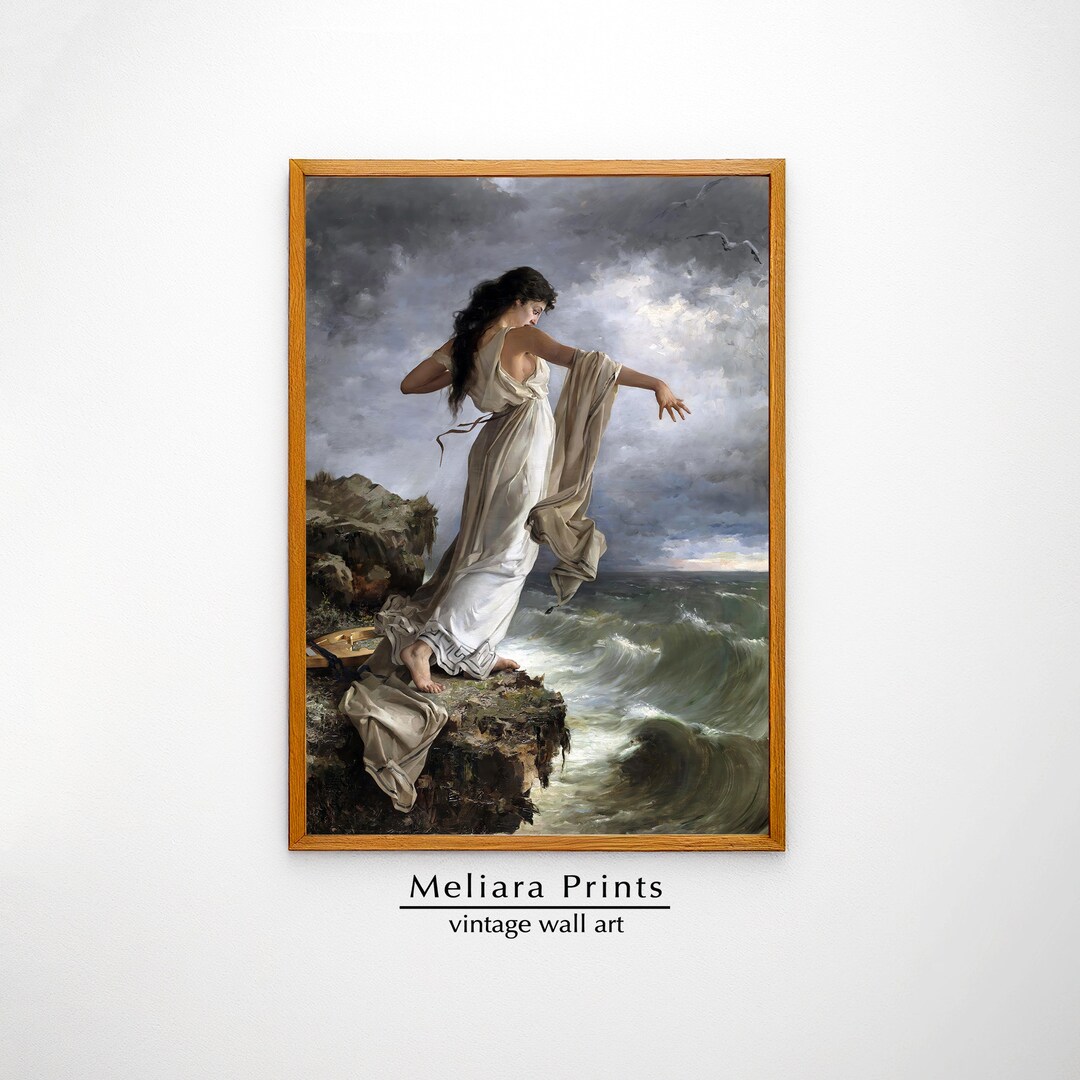 Vintage Greek Female Poet Sappho Print I Woman Stands on Cliff by the ...