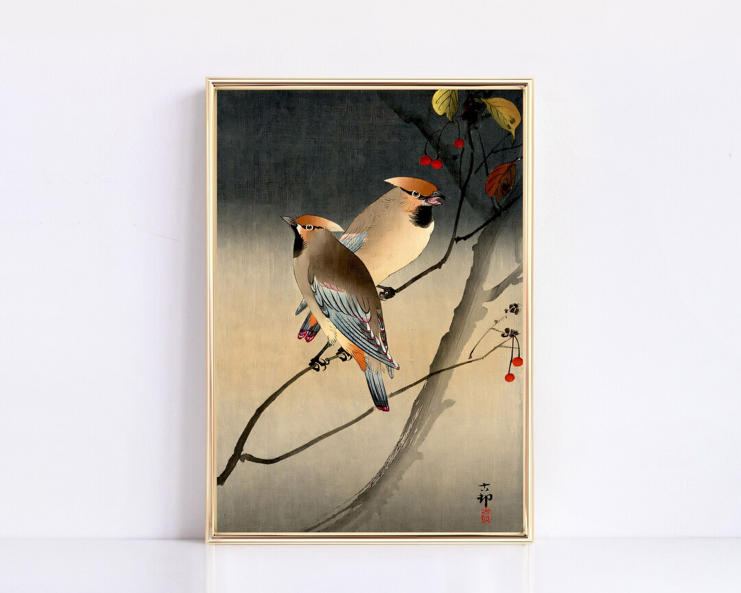 Vintage Bird Study Print I Green, Red Bird Perched on A Branch I Wall ...