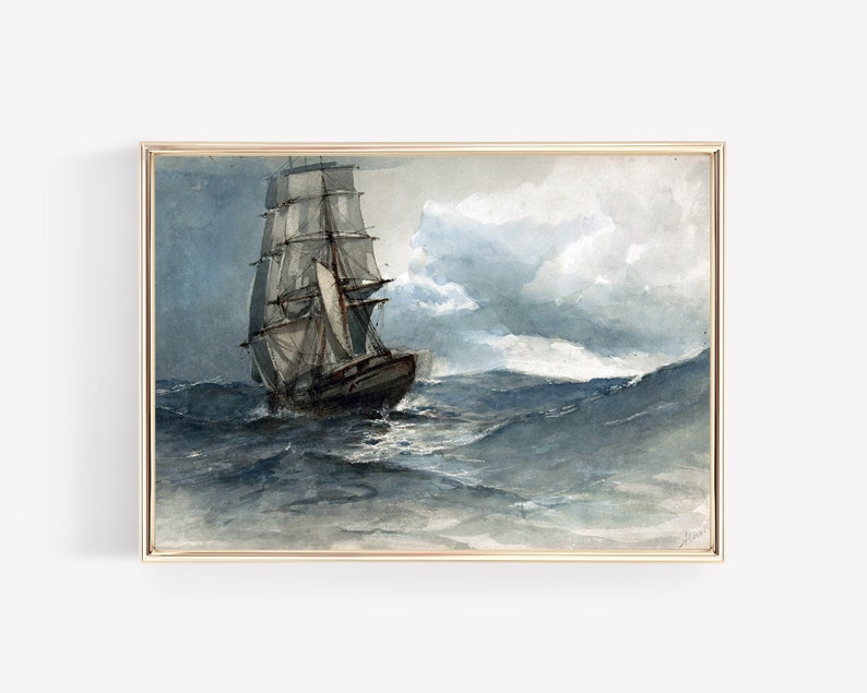 Vintage Antique Ship Print I Clipper Ship, Sailing in Stormy Seas I ...