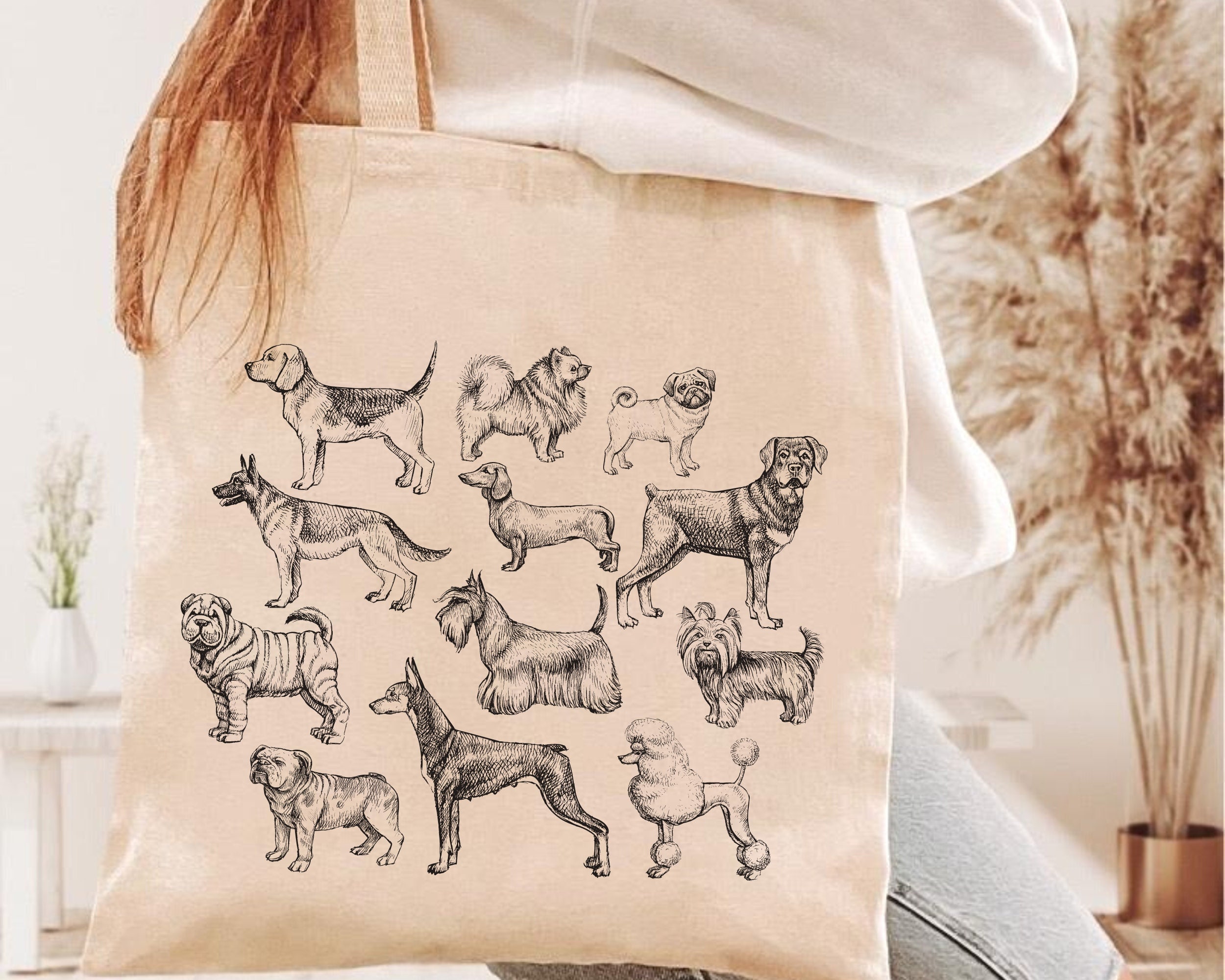 Hand Drawn Dogs Tote Bag, Dog Owner Tote Bag, Dog Lover Gift, Cotton ...