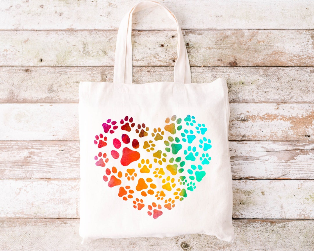 Dog Paw Print Tote Bag: Rainbow Heart, Cotton Canvas - Etsy