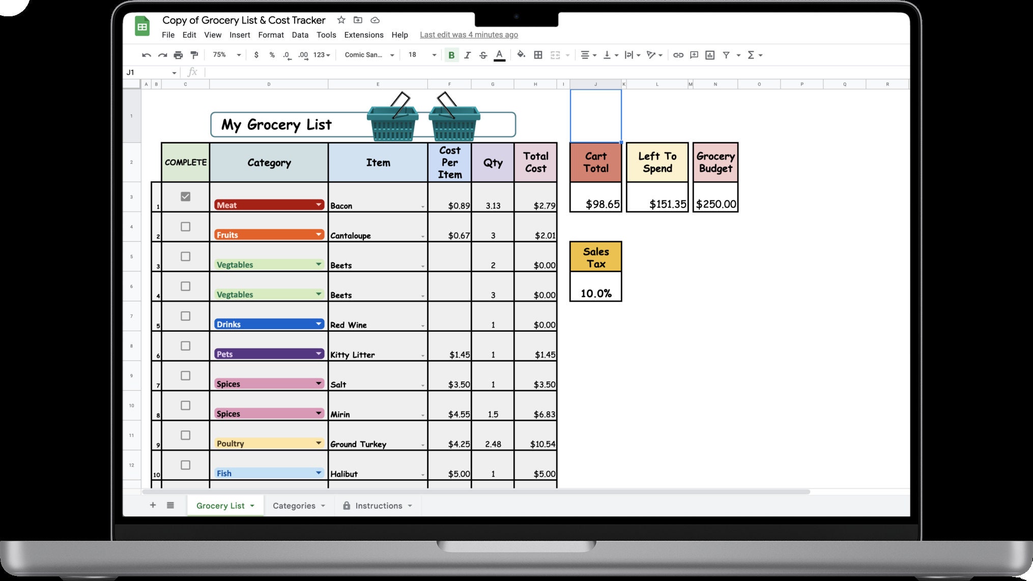 Editable Grocery List Tracker Using Google Sheets, Groceries Template ...