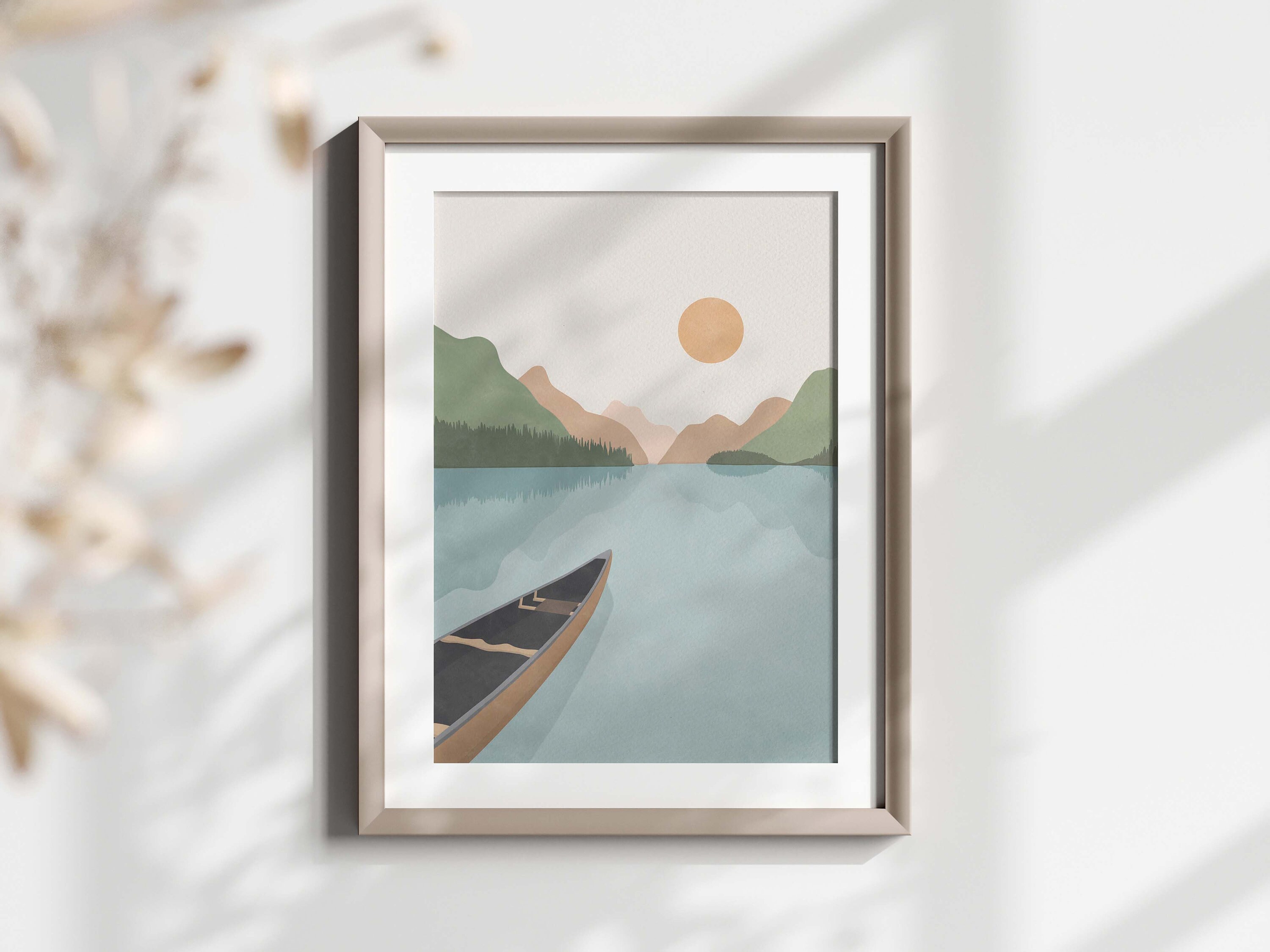 Canoe on Lake Printable Wall Art, Lakeside Mountains, Sun and Mountain ...