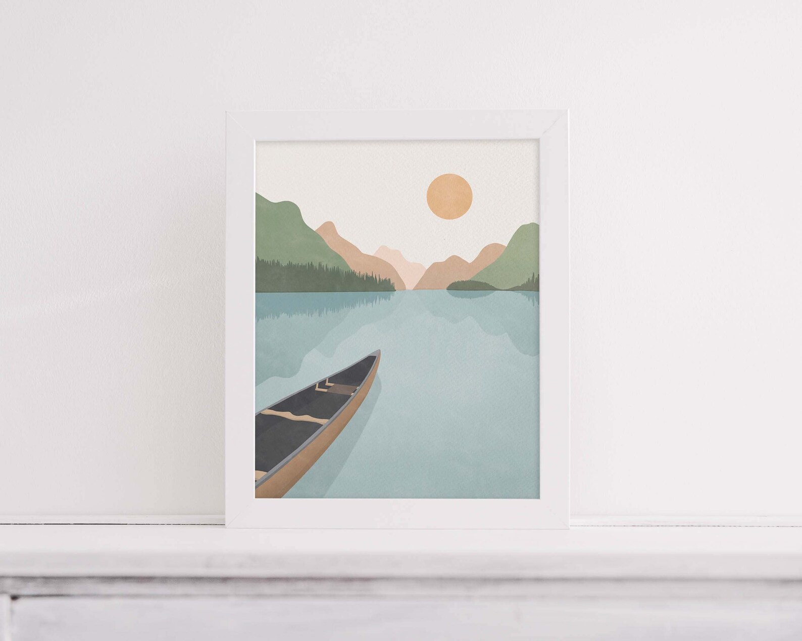Canoe on Lake Printable Wall Art, Lakeside Mountains, Sun and Mountain ...