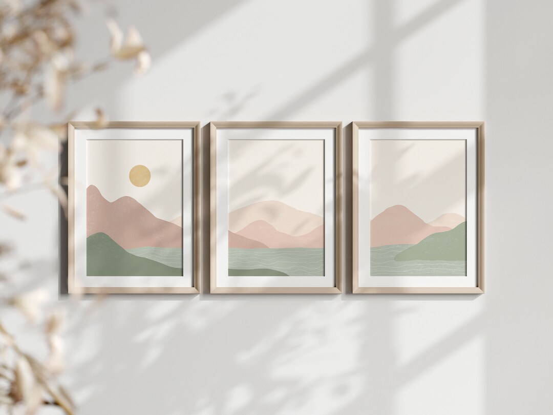 Mountain Printable Wall Art, Set of 3, Pink and Green Mountain Print ...