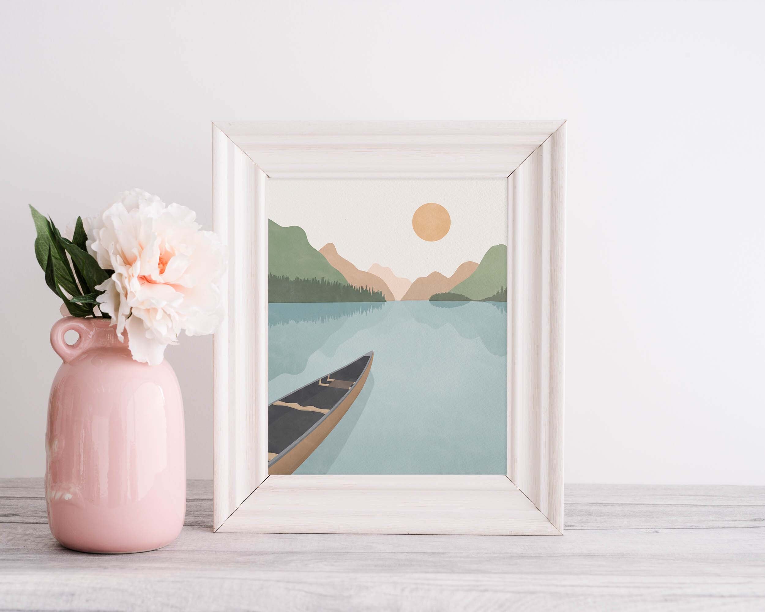 Canoe on Lake Printable Wall Art, Lakeside Mountains, Sun and Mountain ...