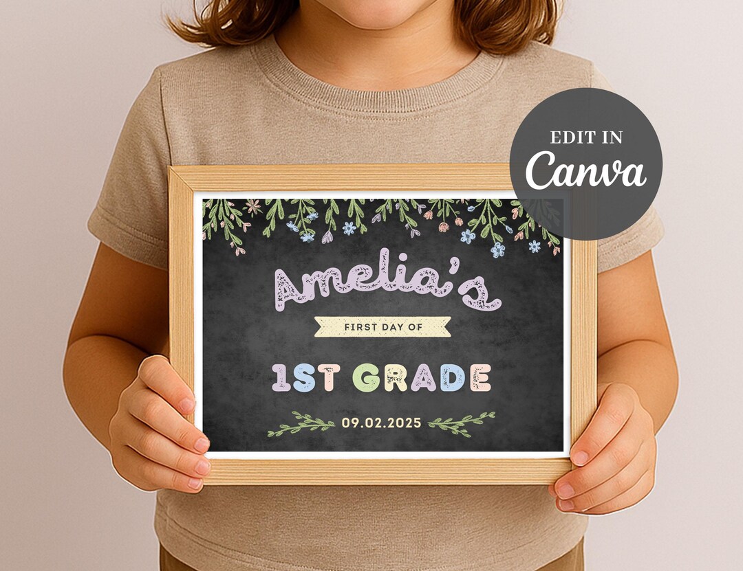 Editable Back to School Sign, Chalkboard, Floral, First Day of School ...