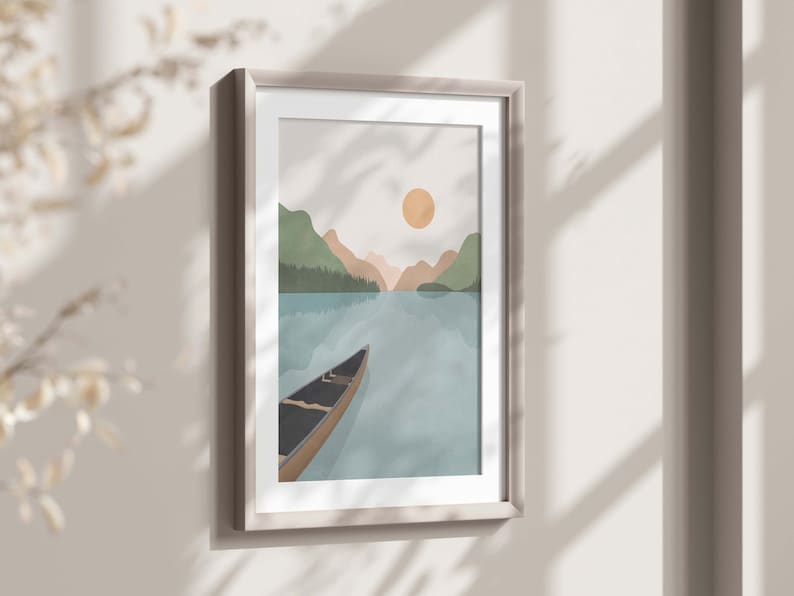 Canoe on Lake Printable Wall Art, Lakeside Mountains, Sun and Mountain ...