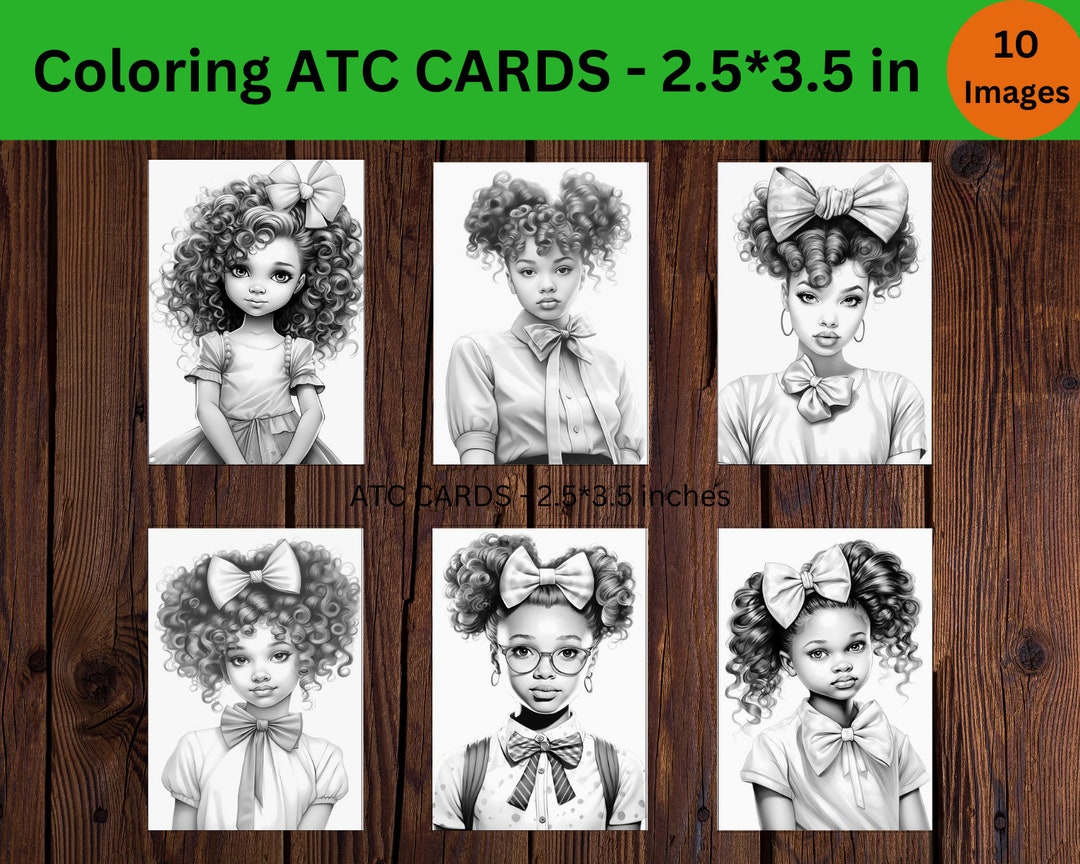Girls With A Bow Grayscale Coloring Digital ATC Cards, Scrapbooking ...