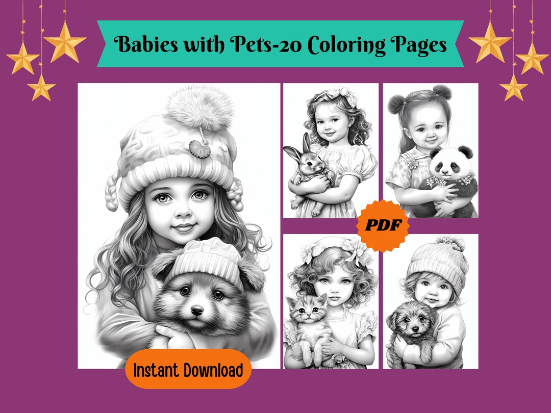20 Adorable Babies With Their Pets Grayscale Coloring Pages for Adults ...