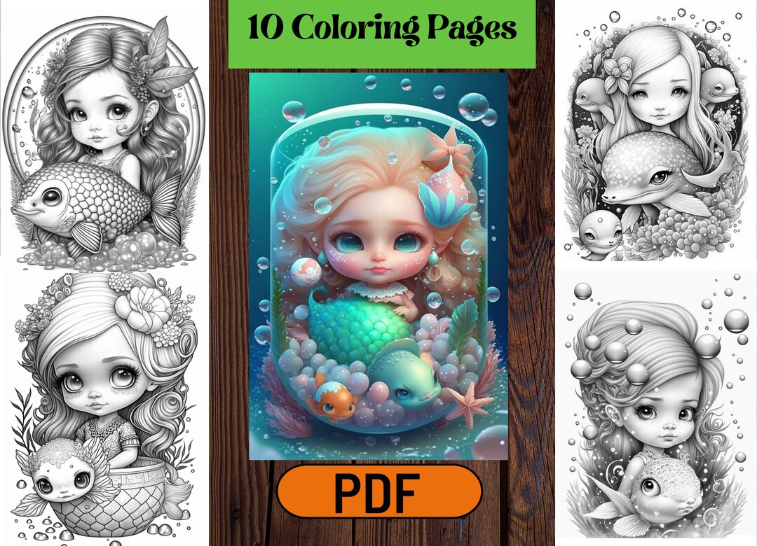 10 Adorable Cute Little Fantasy Mermaids Grayscale Coloring Pages for ...