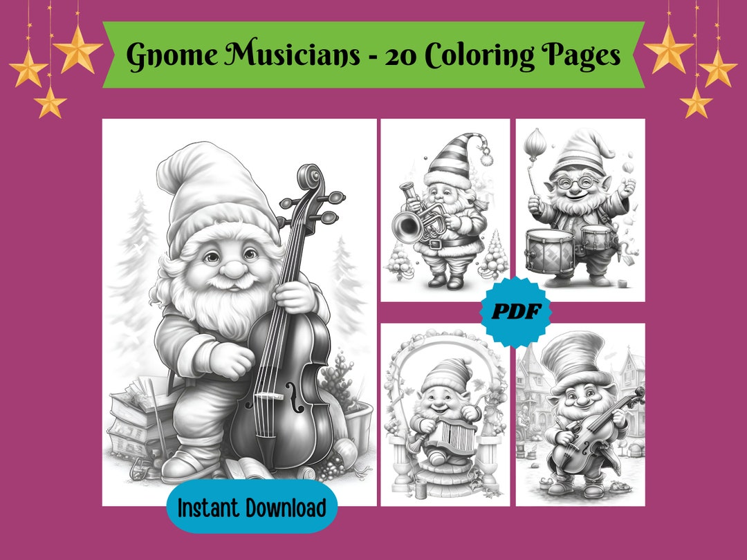 20 Charming Musical Gnomes Grayscale Coloring Pages for Adults & Kids ...