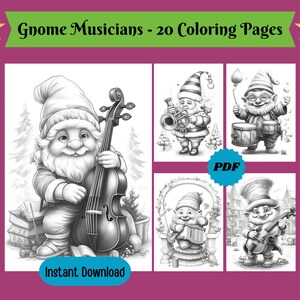 20 Charming Musical Gnomes Grayscale Coloring Pages for Adults & Kids ...