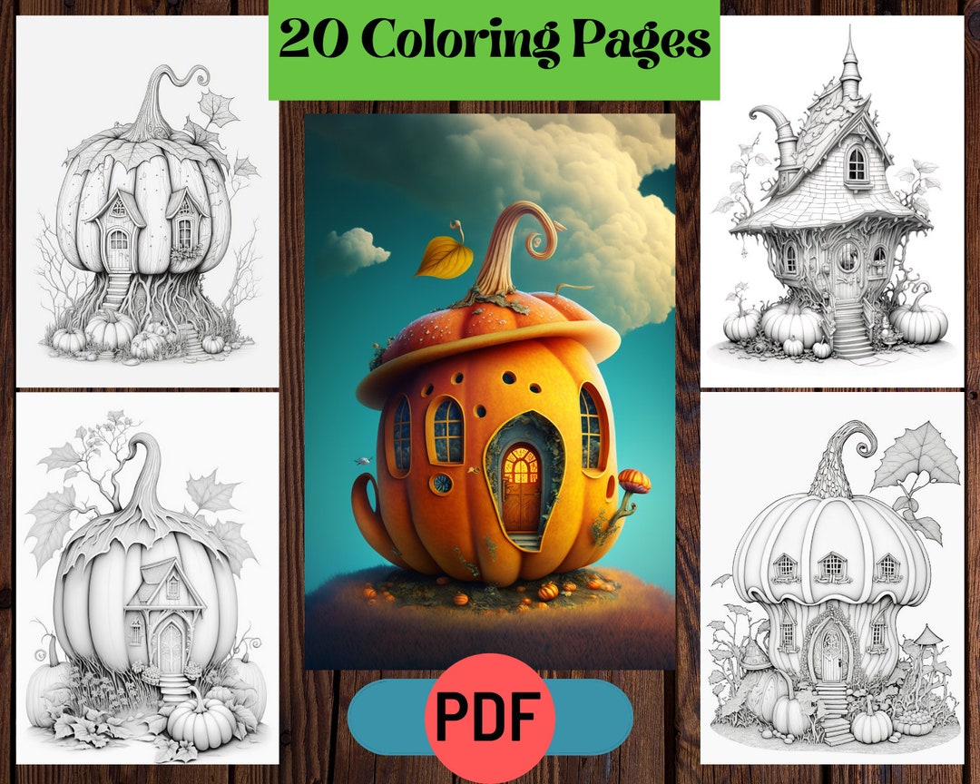 Whimsical Pumpkin Houses - Printable Grayscale Coloring Pages for ...