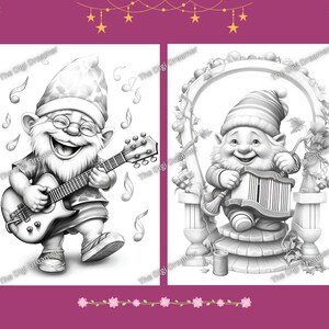 20 Charming Musical Gnomes Grayscale Coloring Pages for Adults & Kids ...