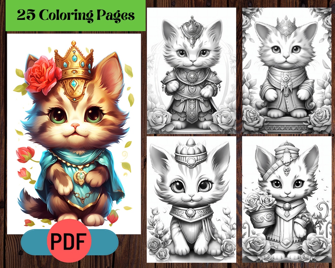 25 Printable Majestic Fantasy Royal Cats Grayscale Coloring Pages for ...