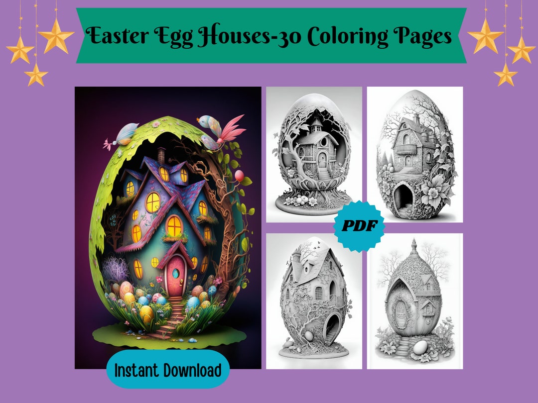 Easter Egg Fairy House Coloring Pages: Whimsical Grayscale (digital ...
