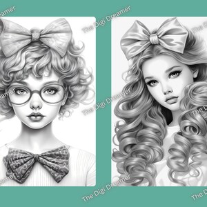 30 Girls With A Bow-grayscale Coloring Pages for Adults & Kids, Girl ...
