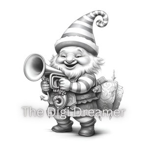 20 Charming Musical Gnomes Grayscale Coloring Pages for Adults & Kids ...