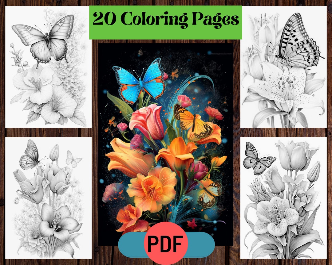 Butterfly & Flowers Coloring Pages: Grayscale Floral Art (PDF Download ...