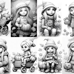 Fall Gnome Girls Coloring Pages: 35 Grayscale Designs (printable PDF ...