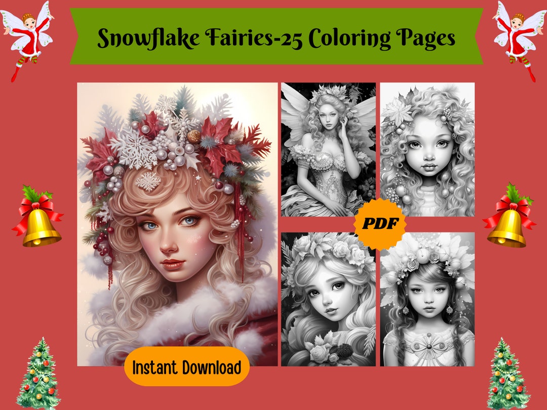 25 Snowflake Fairies-printable Grayscale Coloring Pages for Adults ...