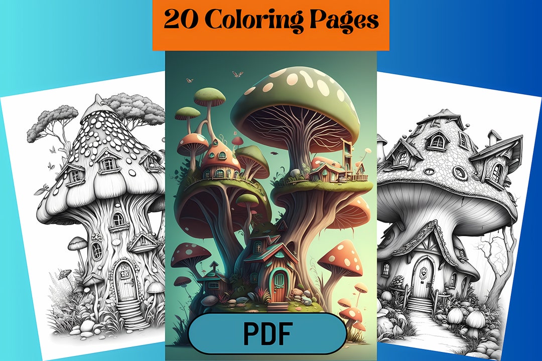 20 Fantasy Magical Mushroom Houses Grayscale Coloring Pages for Kids ...