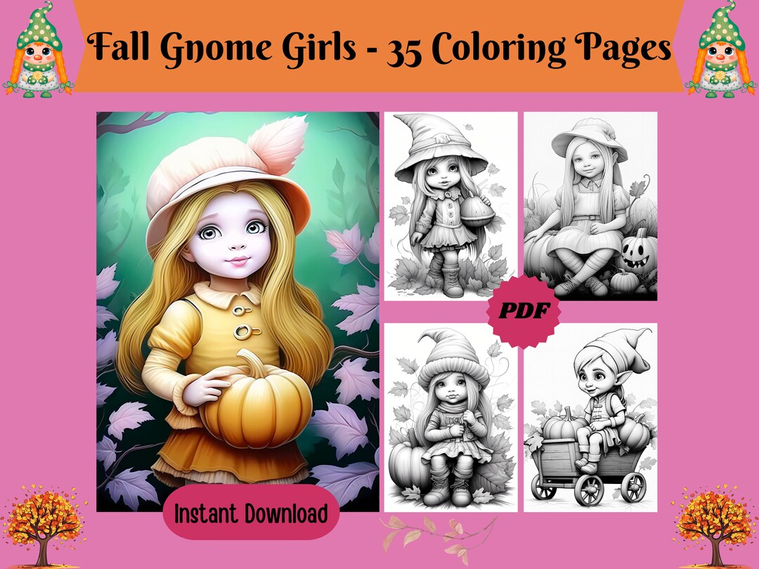 Fall Gnome Girls Coloring Pages: 35 Grayscale Designs (printable PDF ...