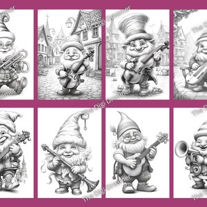 20 Charming Musical Gnomes Grayscale Coloring Pages for Adults & Kids ...