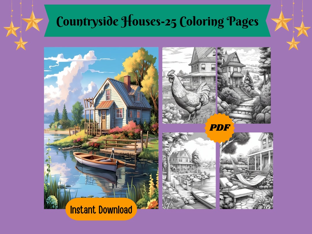 25 Printable Countryside Houses Grayscale Coloring Pages for Adults ...
