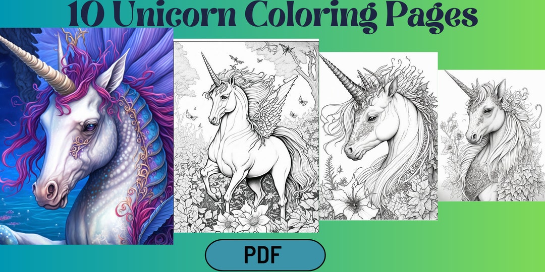 10 Fantasy Unicorns Grayscale Coloring Pages-adults Kids - Etsy
