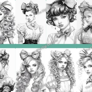 30 Girls With A Bow-grayscale Coloring Pages for Adults & Kids, Girl ...